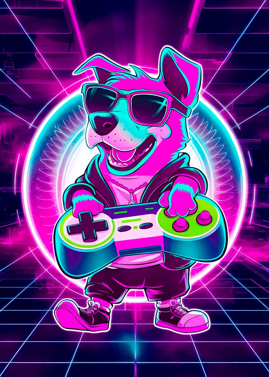 'Neon Gamer Dog' Poster, picture, metal print, paint by Reflection ...