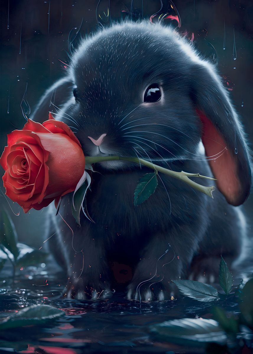 'Bunny with rose' Poster, picture, metal print, paint by Reese | Displate