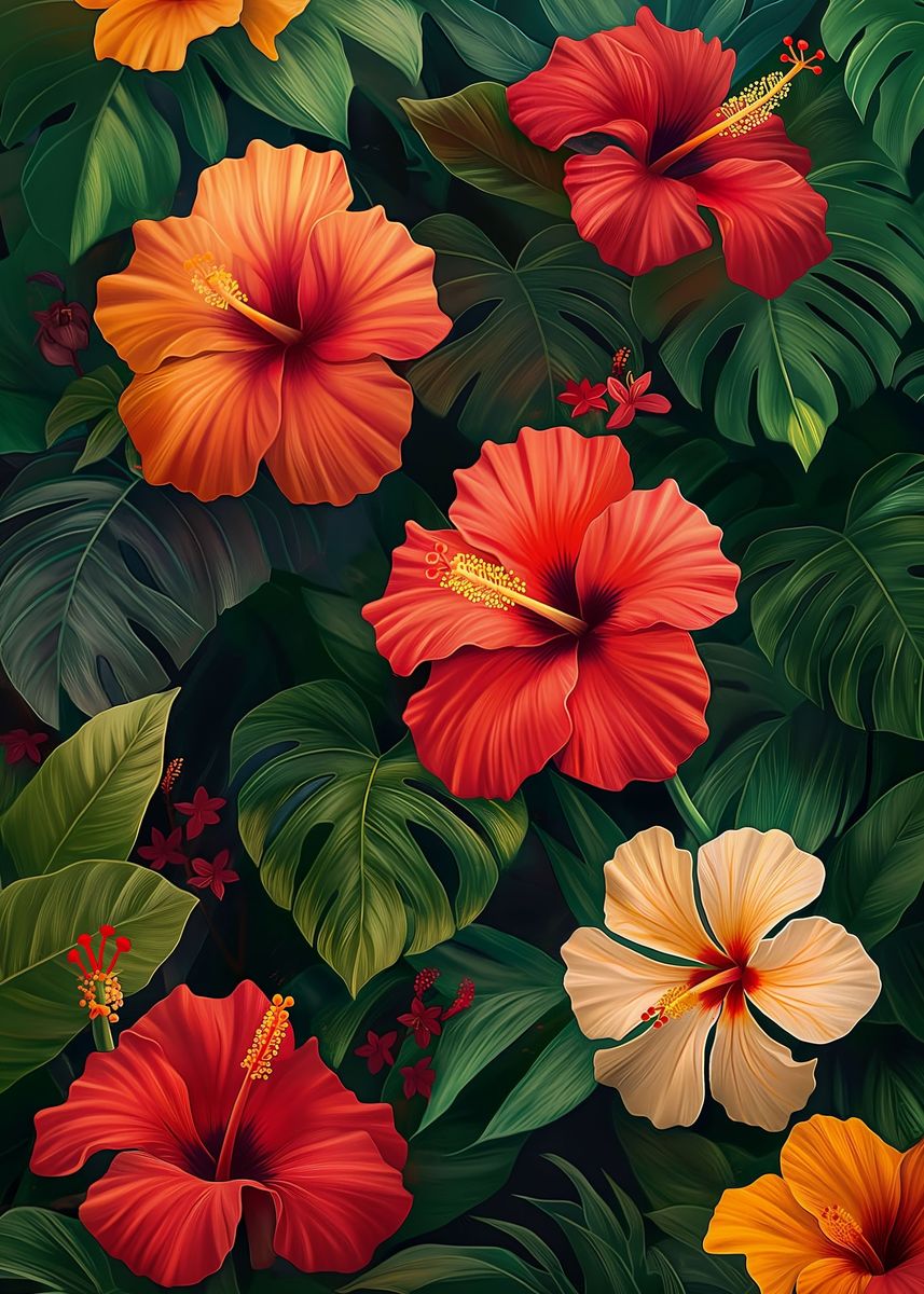 'Hibiscus Harmony' Poster, picture, metal print, paint by Rawbin | Displate