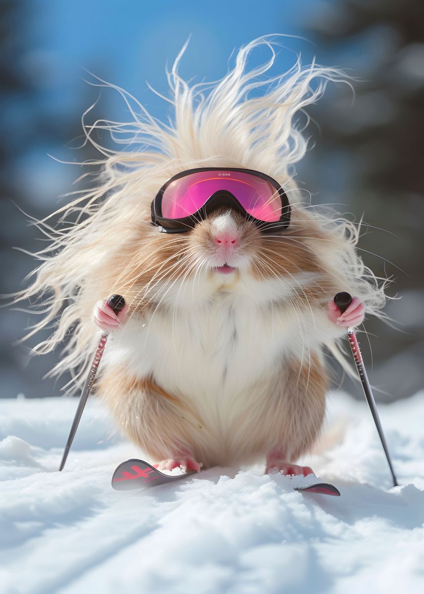 'Handsome hamster on skis' Poster, picture, metal print, paint by ...