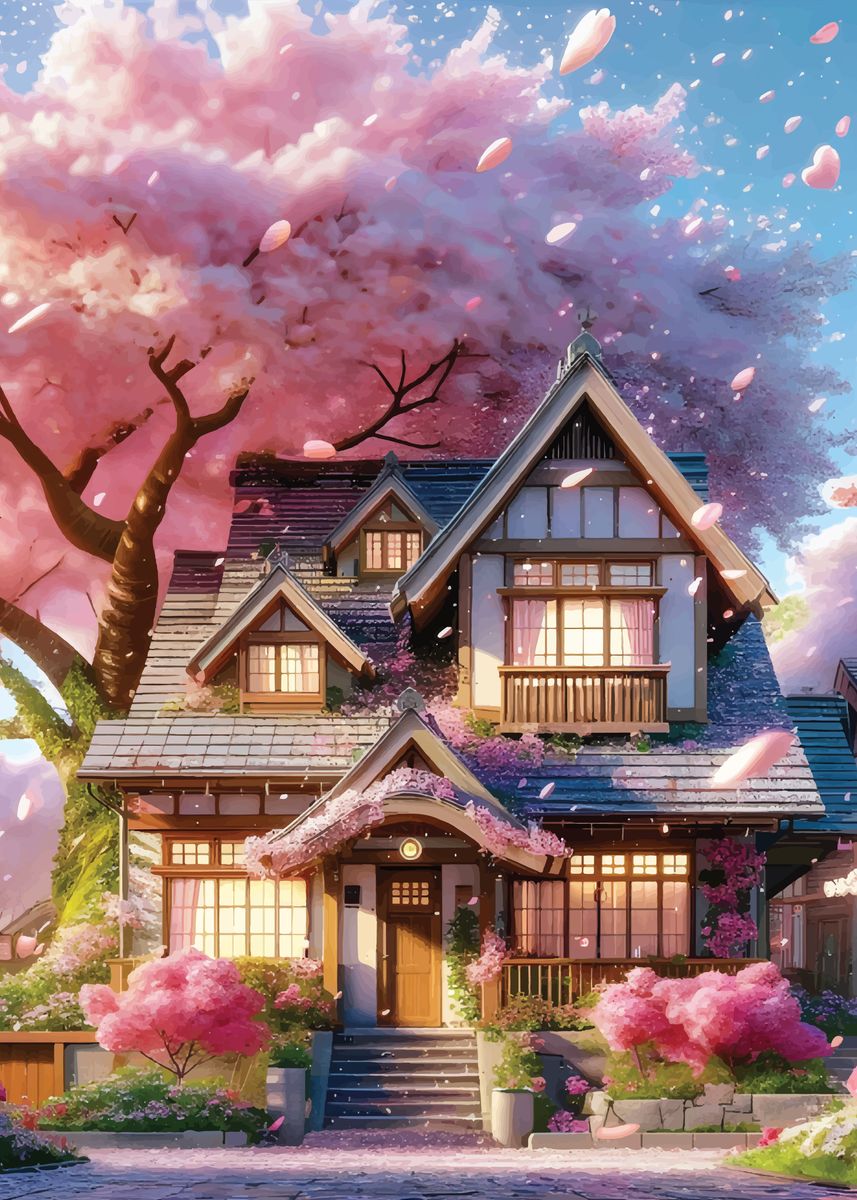 'Fantasy Sakura House' Poster, picture, metal print, paint by Japanese ...