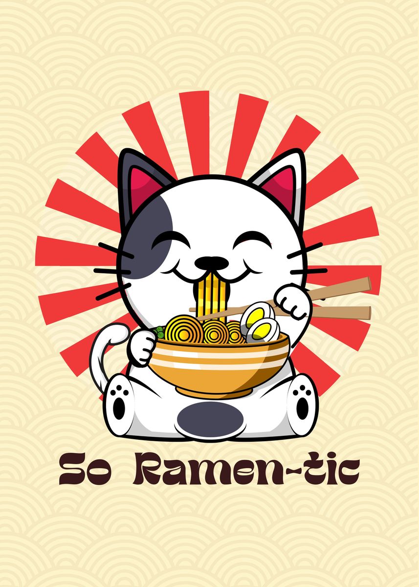 'cute cat with ramen' Poster, picture, metal print, paint by asri majid ...