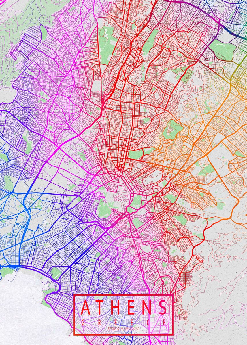 'Athens City Map Colorful' Poster, picture, metal print, paint by deMAP ...