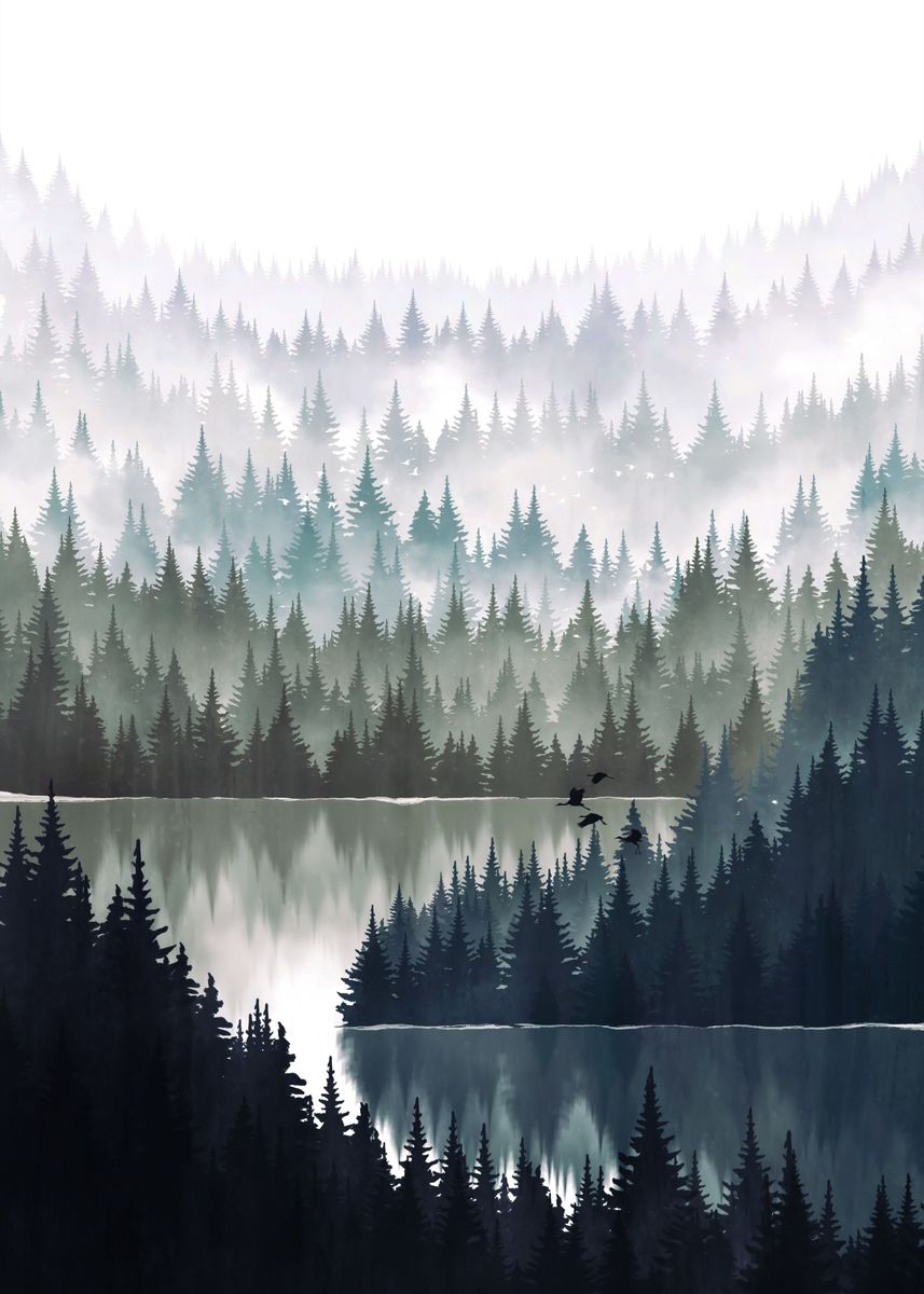 'Pine Forest' Poster, picture, metal print, paint by Mr Penguin | Displate
