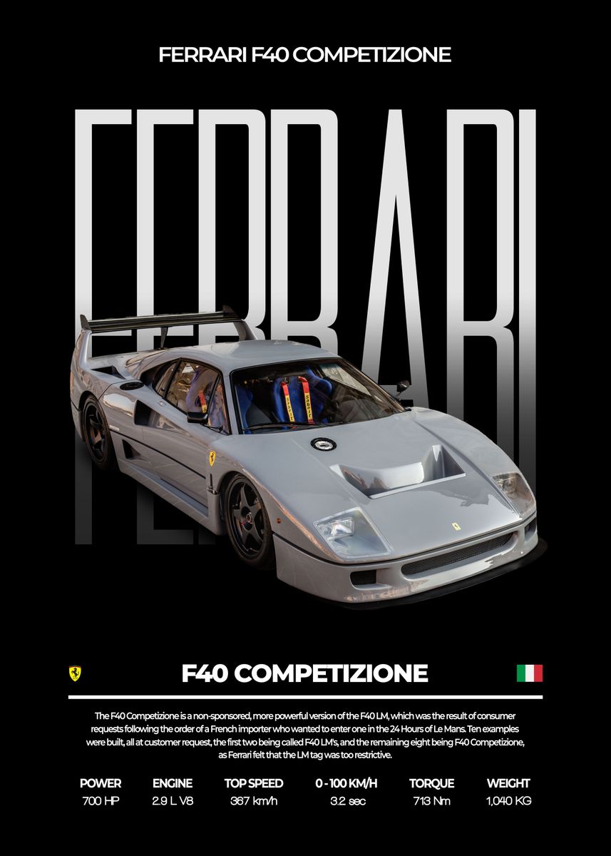 'Ferrari F40 Competizione' Poster, picture, metal print, paint by ...