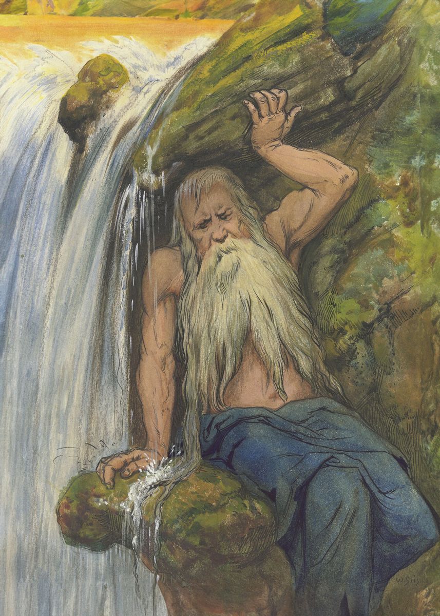 'River god at a waterfall' Poster, picture, metal print, paint by ...