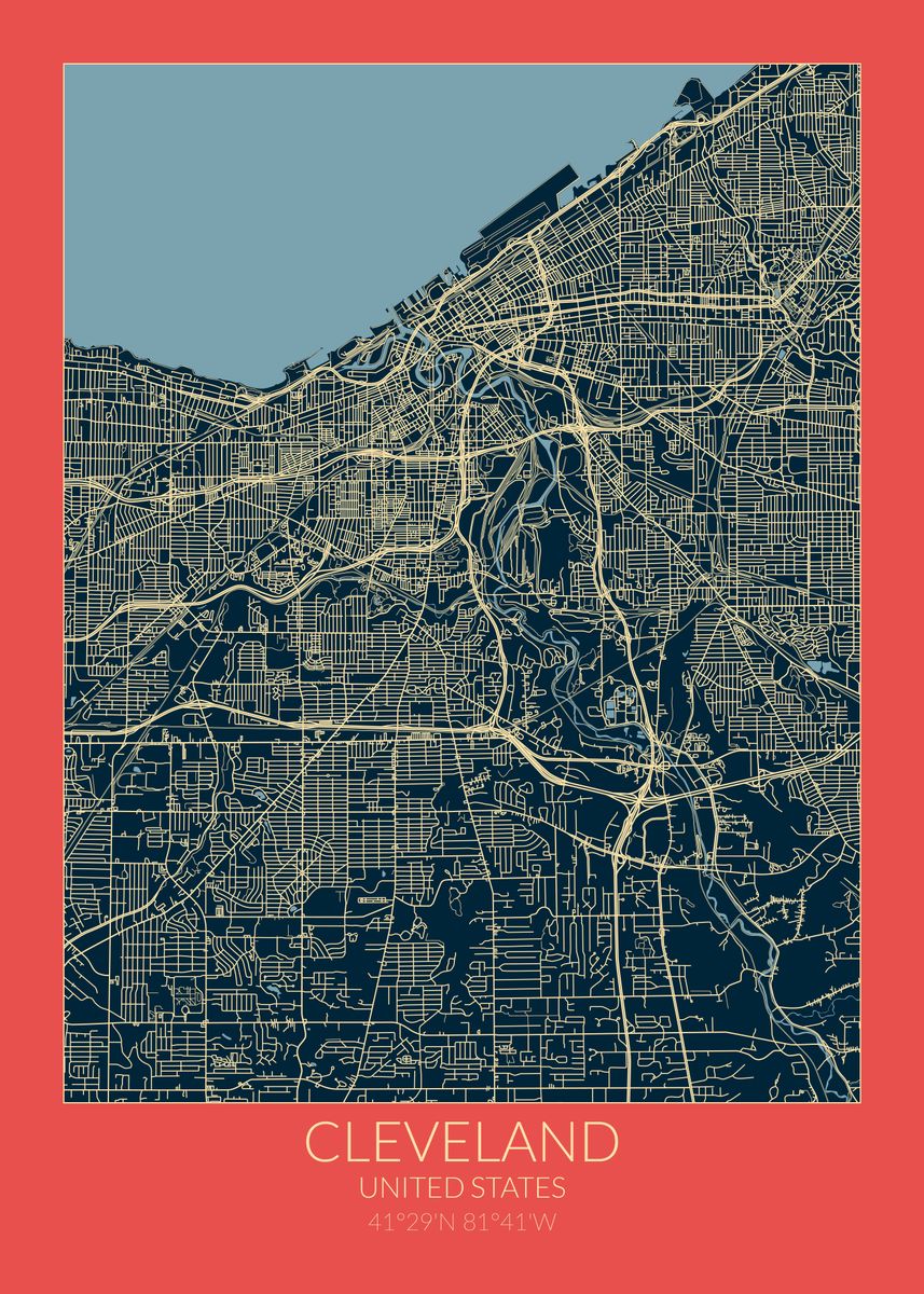 'Cleveland Map Red Blue' Poster, picture, metal print, paint by ...