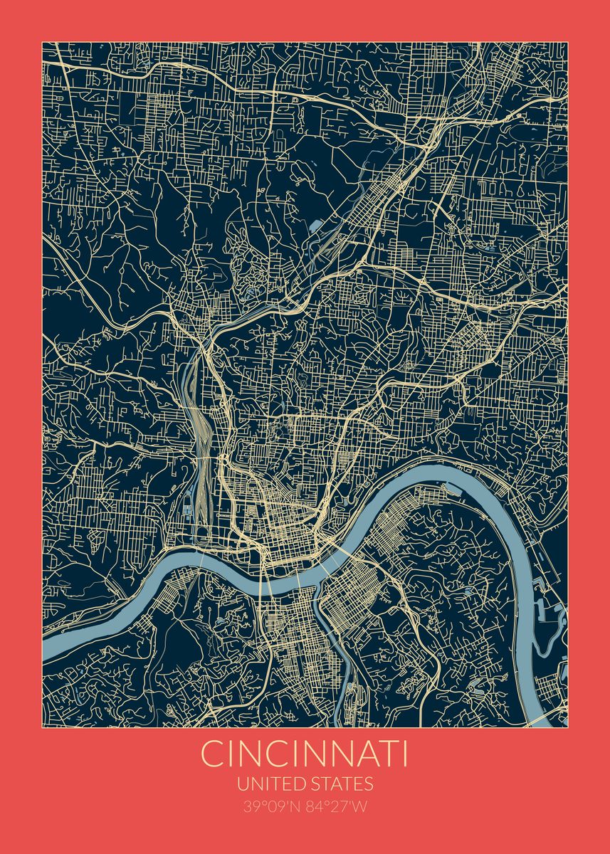 'Cincinnati Map Red Blue' Poster, picture, metal print, paint by ...