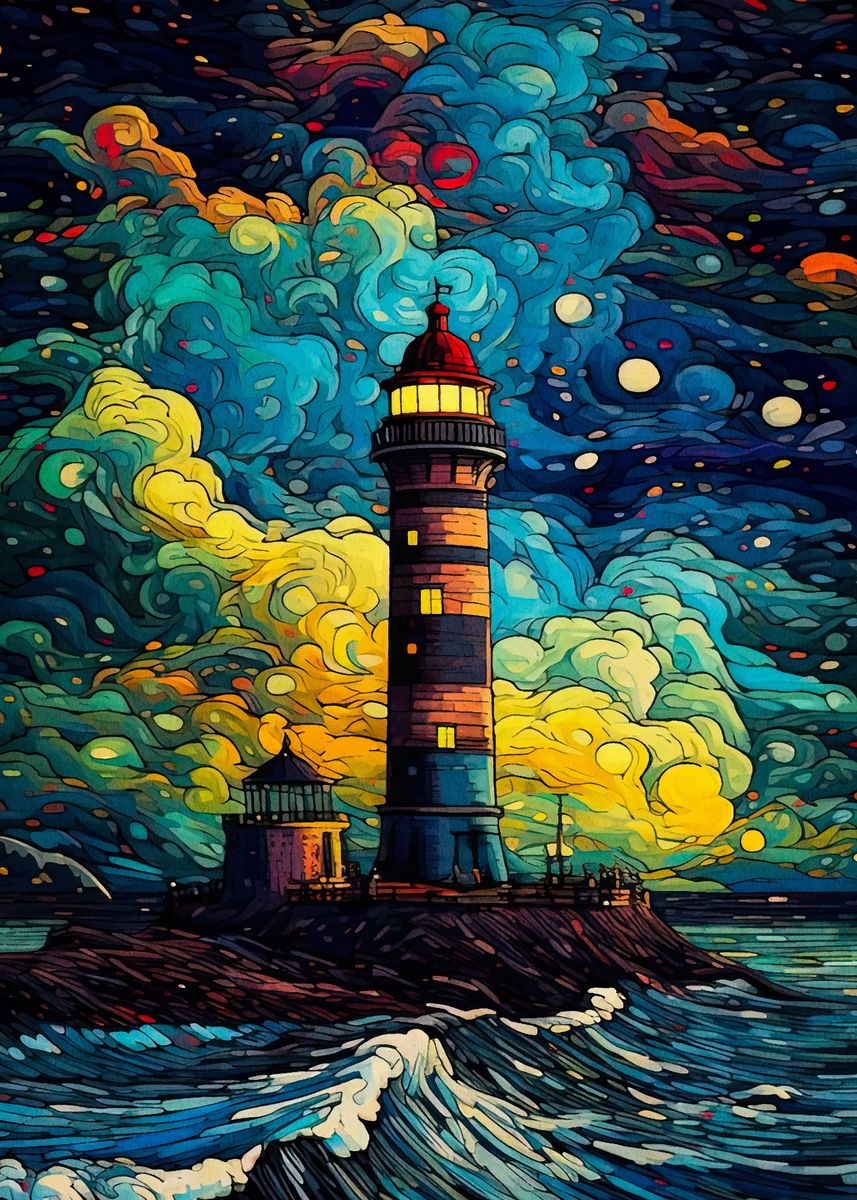 'starry night lighthouse' Poster, picture, metal print, paint by ...