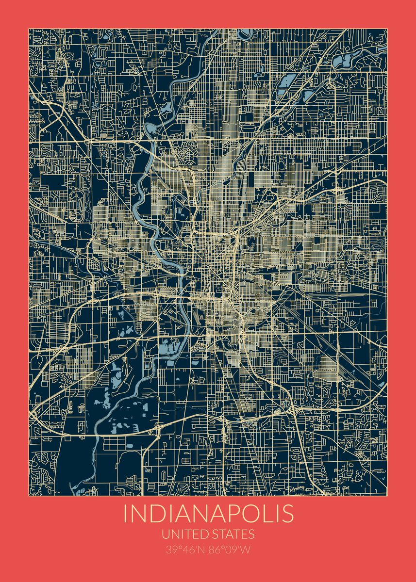 'Indianapolis Map Red Blue' Poster, picture, metal print, paint by ...
