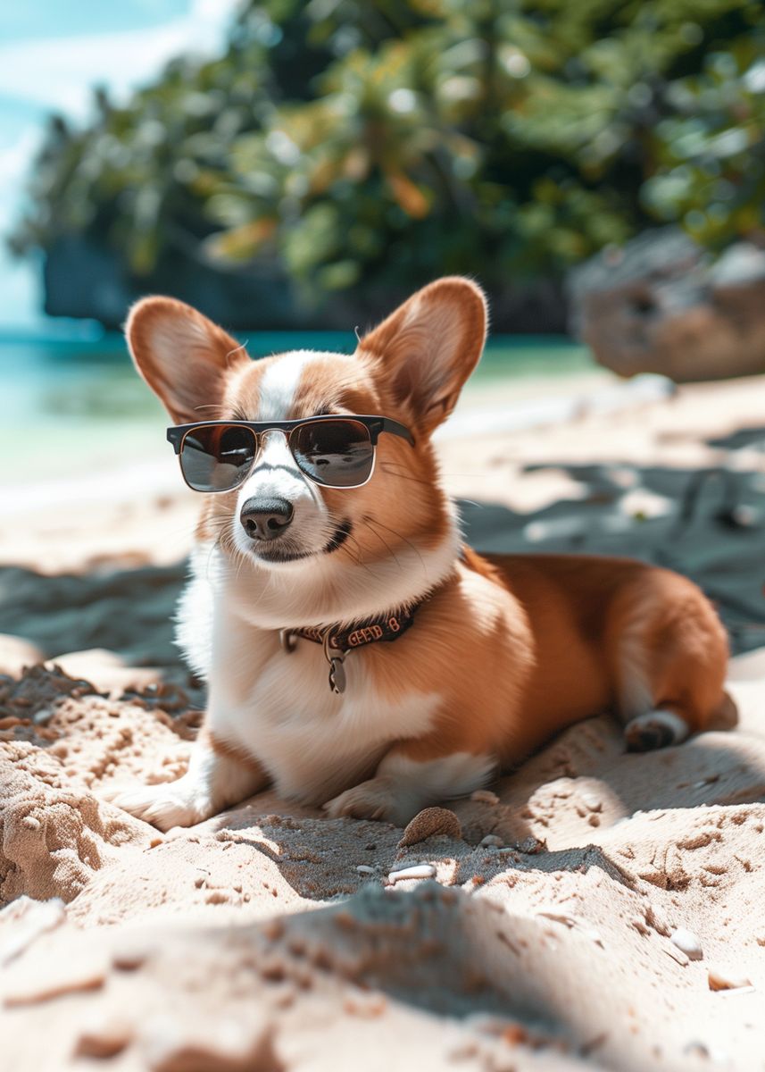 'Corgi Tropical Beach Chill' Poster, picture, metal print, paint by ...
