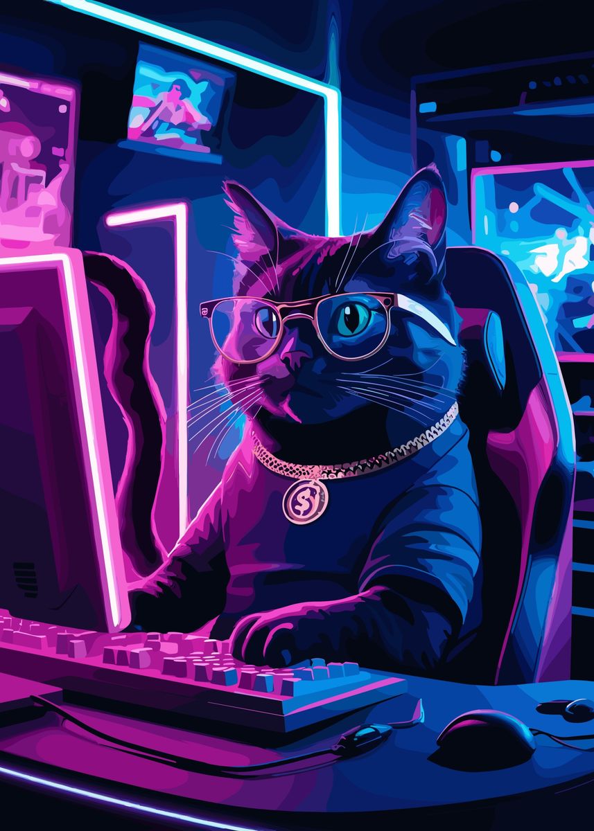 'Gaming Cat' Poster, picture, metal print, paint by Batrisyia Rania ...