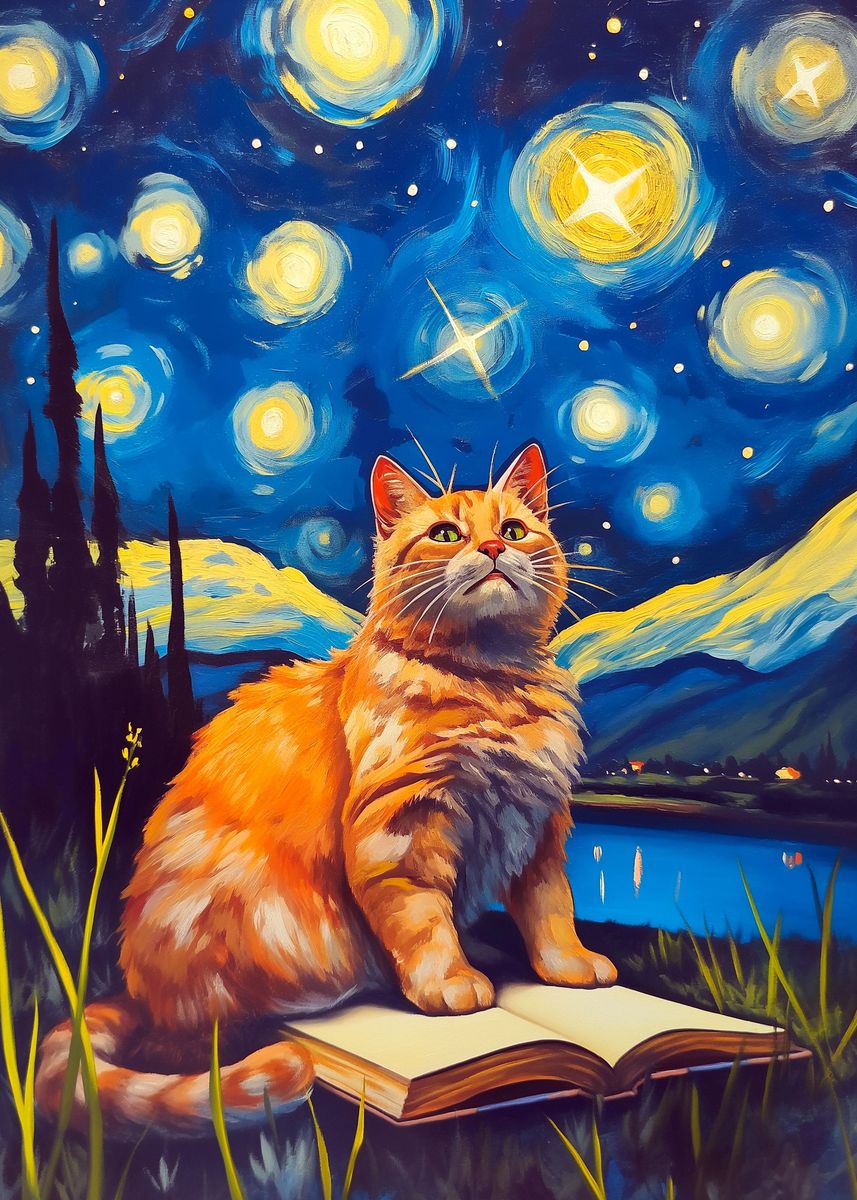 'Cat Reading Book' Poster, picture, metal print, paint by Stellar ...