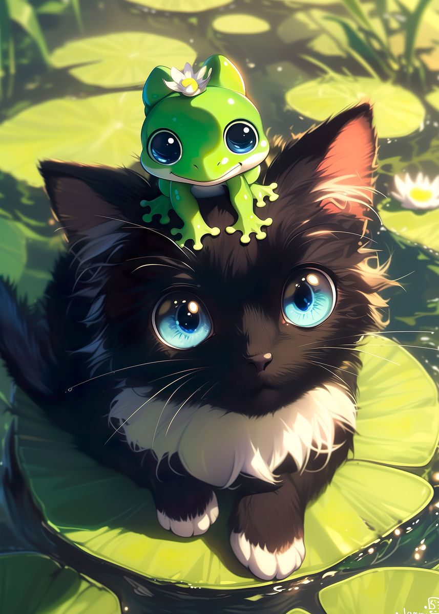 'Frog and Cat Friendship' Poster, picture, metal print, paint by ...
