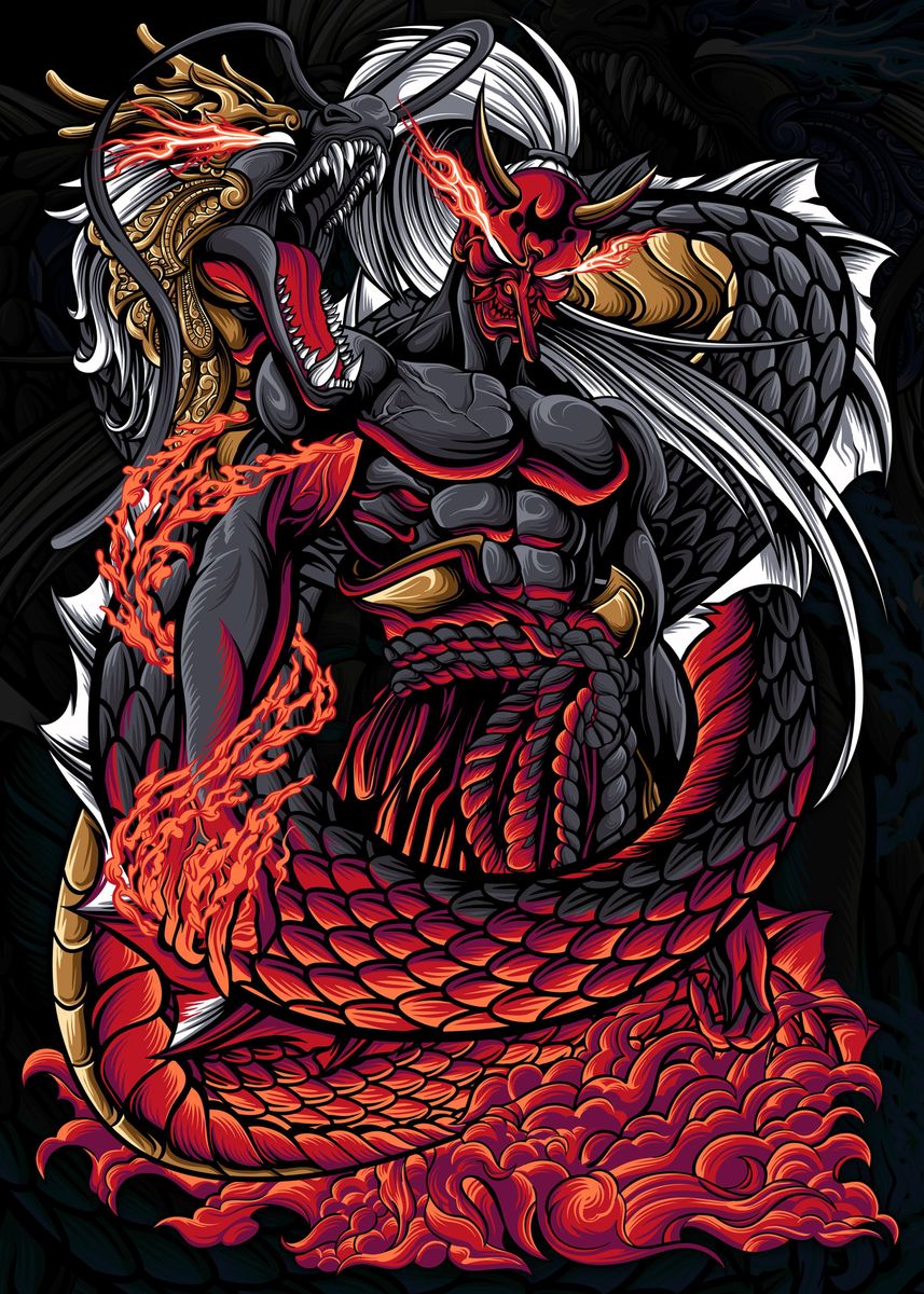 'oni samurai dragon' Poster, picture, metal print, paint by Ouval ...