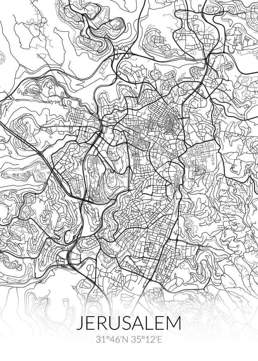 'Jerusalem White Map' Poster, picture, metal print, paint by dkDesign | Displate