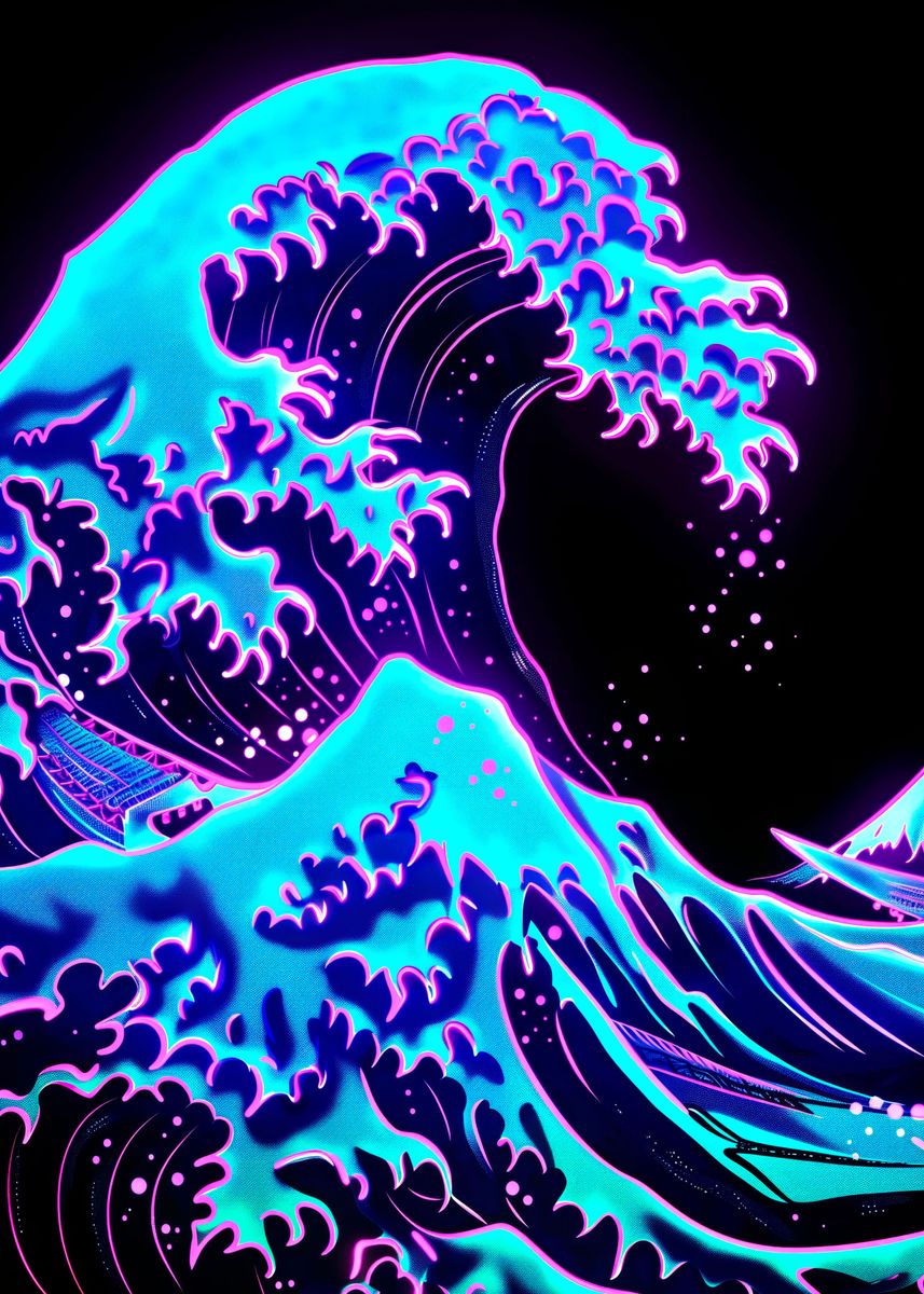 'Neon great wave' Poster, picture, metal print, paint by Simon Darren ...