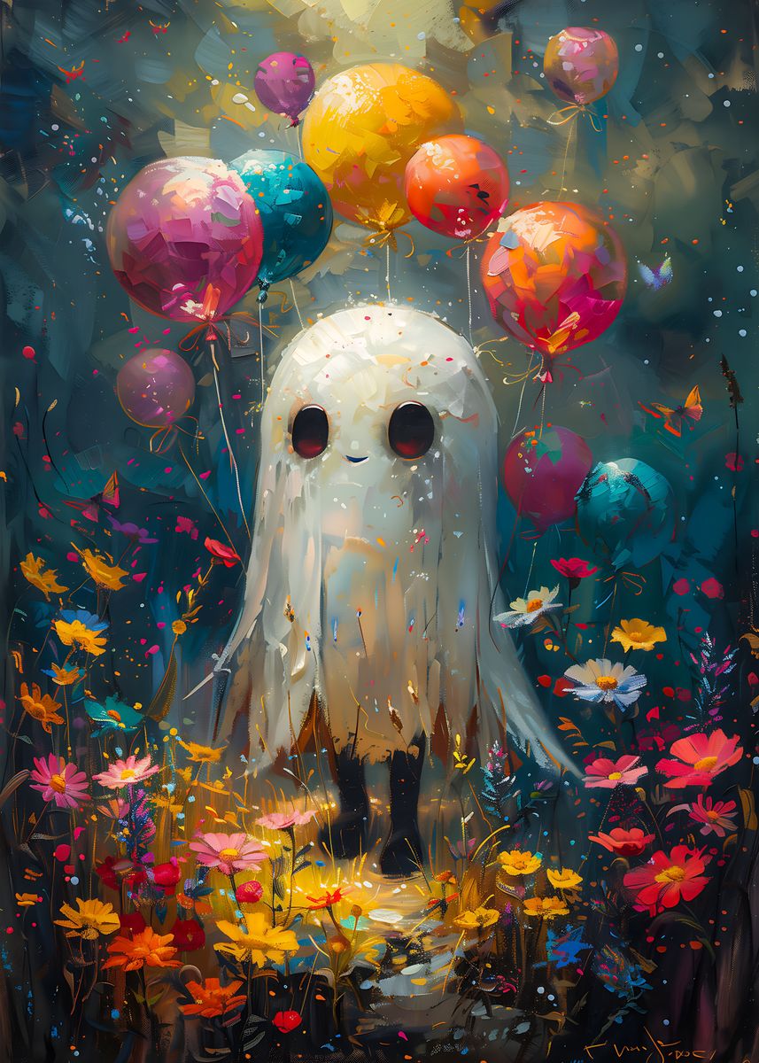 'Cute Ghost with Balloons' Poster, picture, metal print, paint by ...