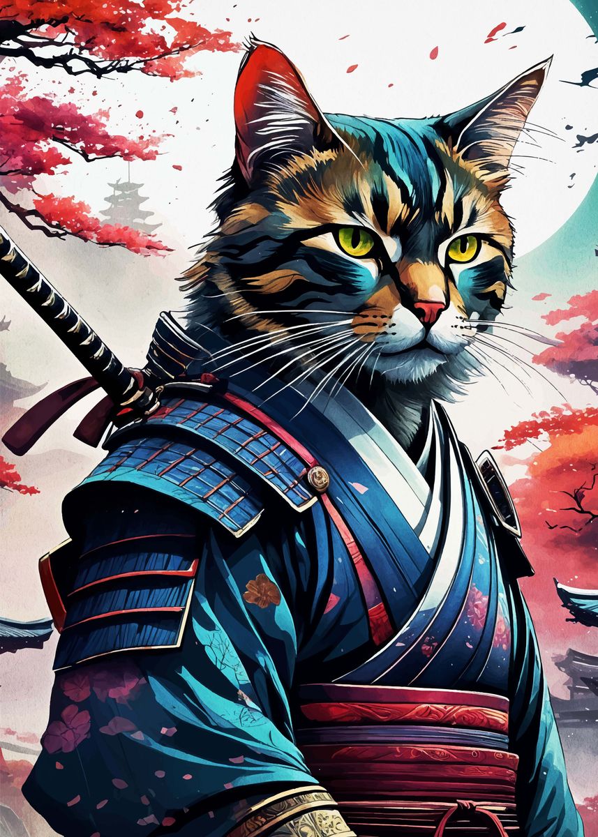 'Samurai Cat Japan' Poster, picture, metal print, paint by EPL Retro ...