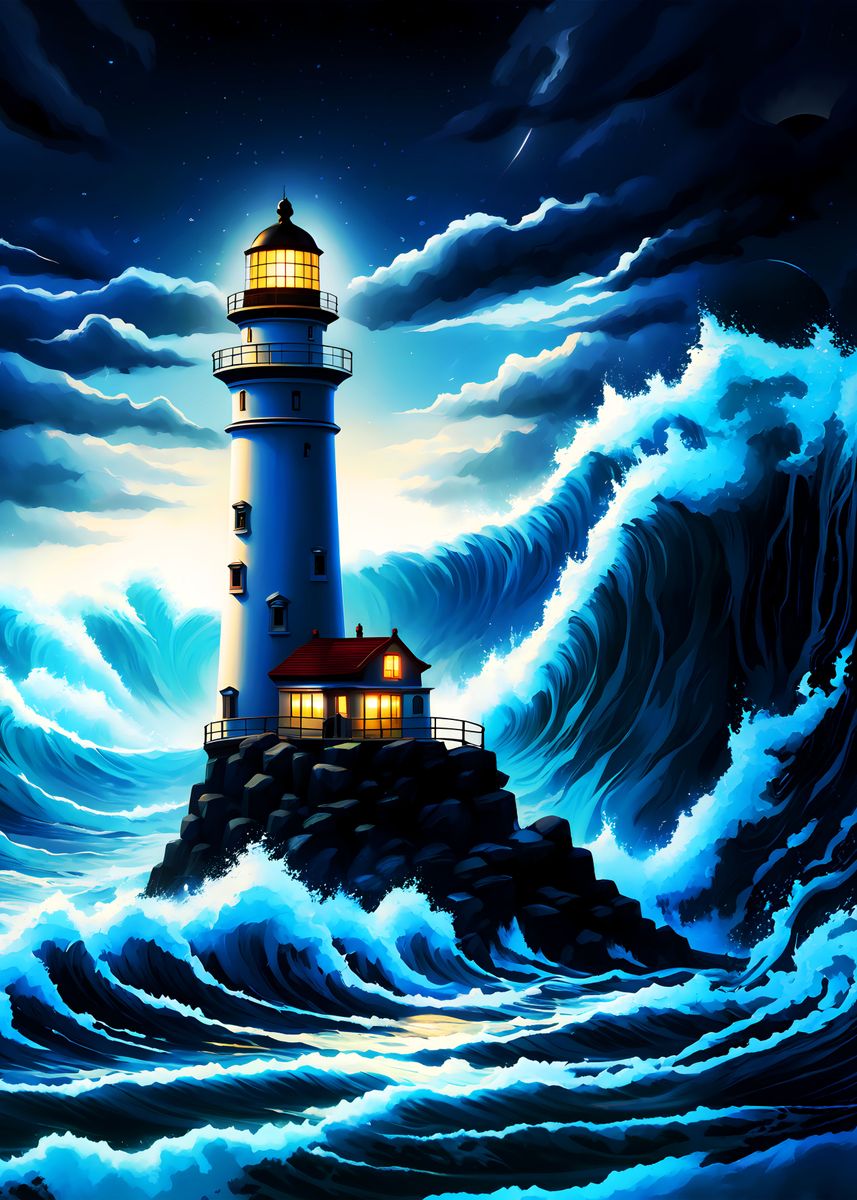 'Lighthouse in a stormy sea' Poster, picture, metal print, paint by TOP ...