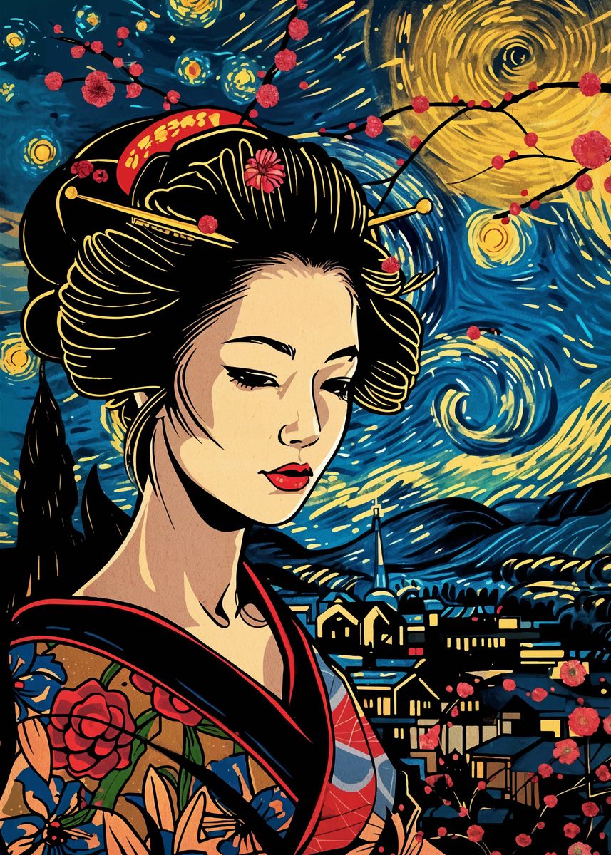 'Geisha Japan Van Gogh' Poster, picture, metal print, paint by Raheem ...