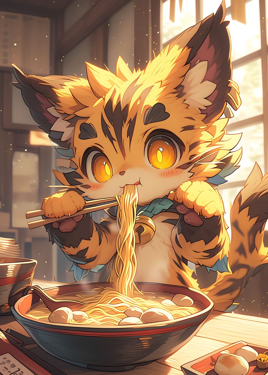 'Tiger eating Ramen' Poster, picture, metal print, paint by ...
