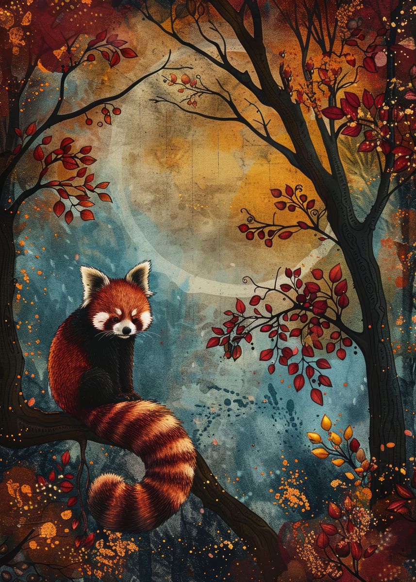 'Red Autumn Panda' Poster, picture, metal print, paint by Mezma and ...