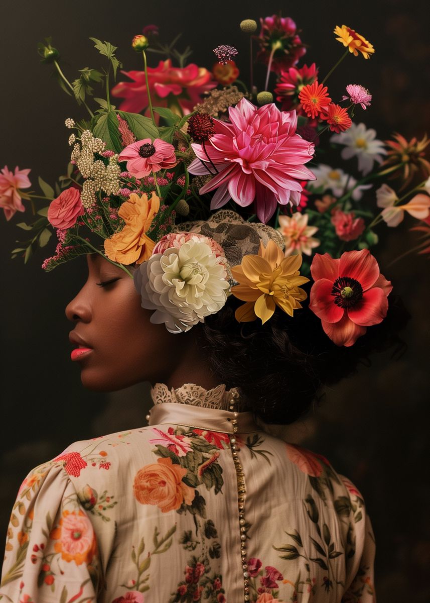 'Black Woman Floral Flowers' Poster, picture, metal print, paint by ...