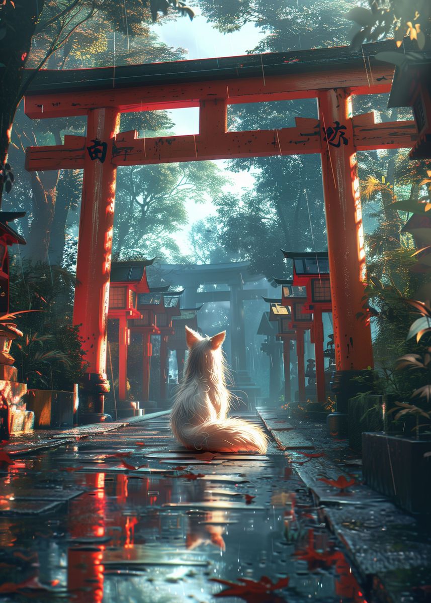 'Mystic Kitsune Fox Torii' Poster, picture, metal print, paint by Displate Master | Displate