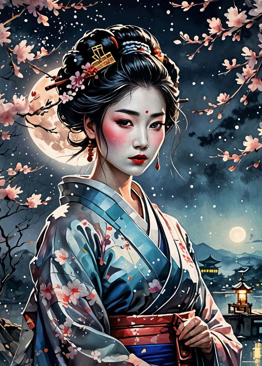 'Geisha Cherry Blossom' Poster, picture, metal print, paint by ...