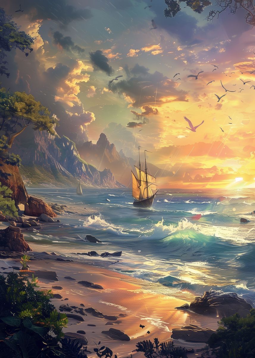 'Sea Ocean Boat Landscape' Poster, picture, metal print, paint by ...