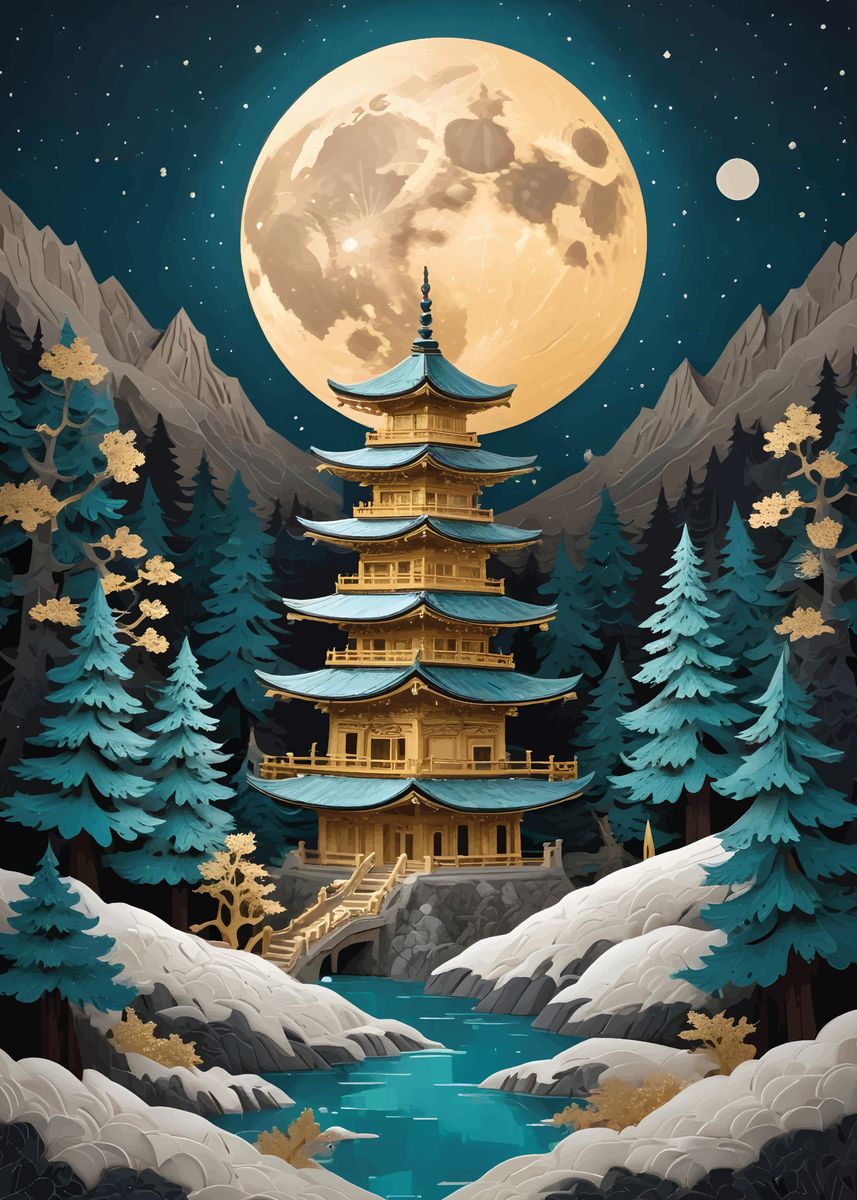 'golden moon asian' Poster, picture, metal print, paint by ALEX GREZ ...