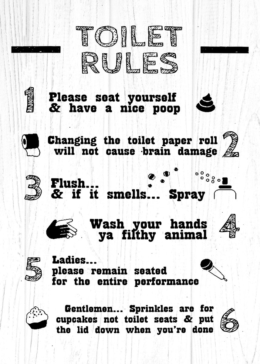 'Toilet Rules Funny WC' Poster, picture, metal print, paint by Metal ...