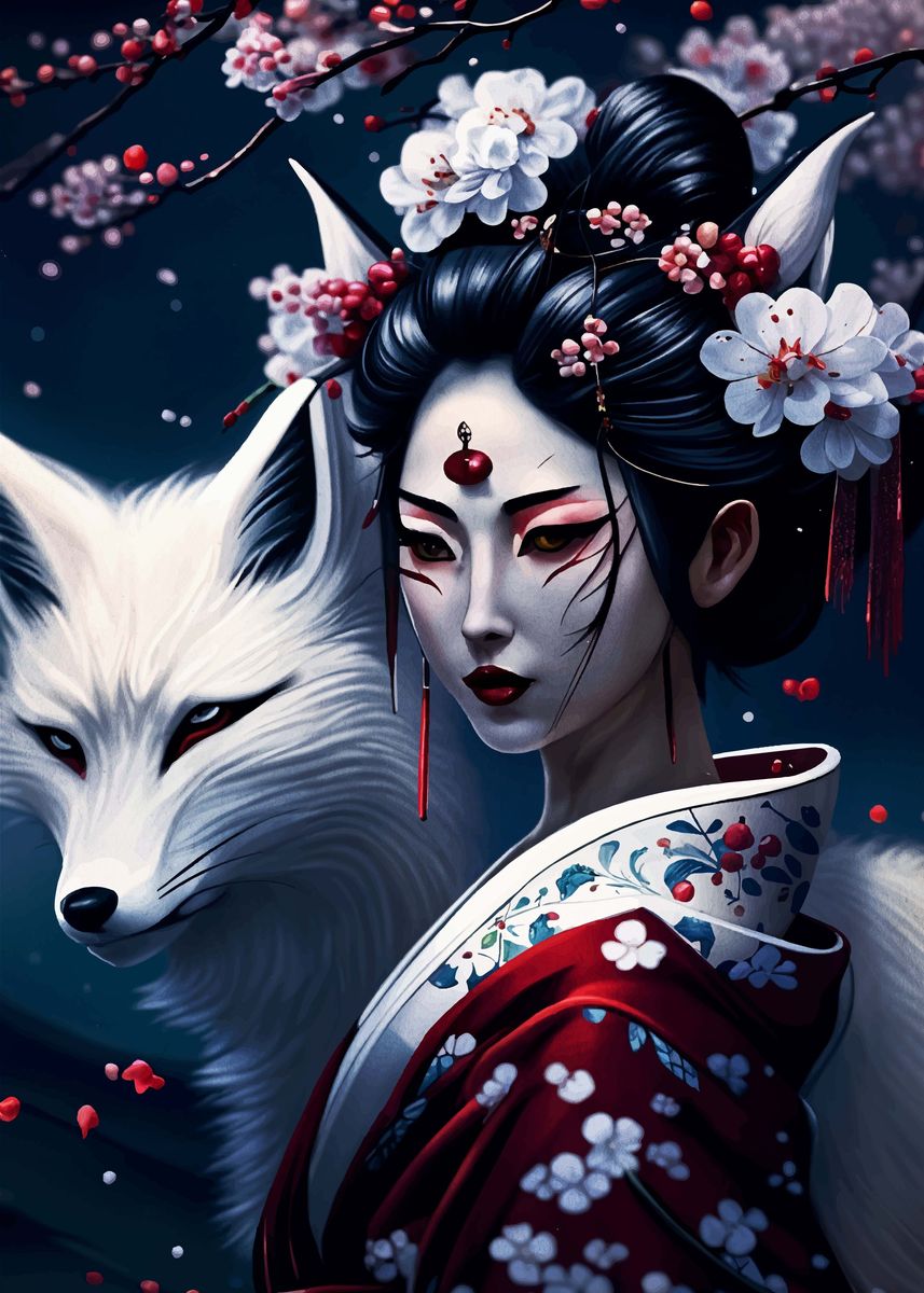 'Geisha Fox Cherry Japan' Poster, picture, metal print, paint by ...