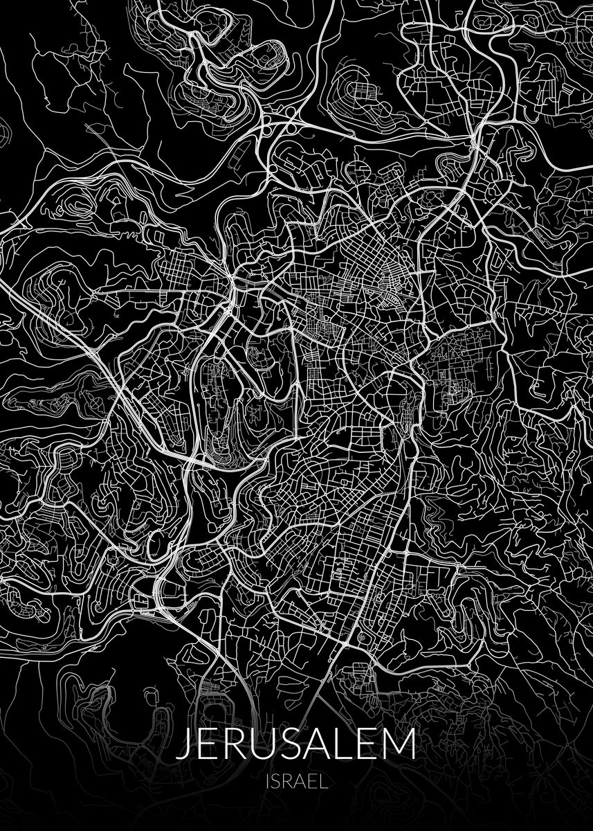 'Jerusalem Black Map' Poster, picture, metal print, paint by dkDesign ...
