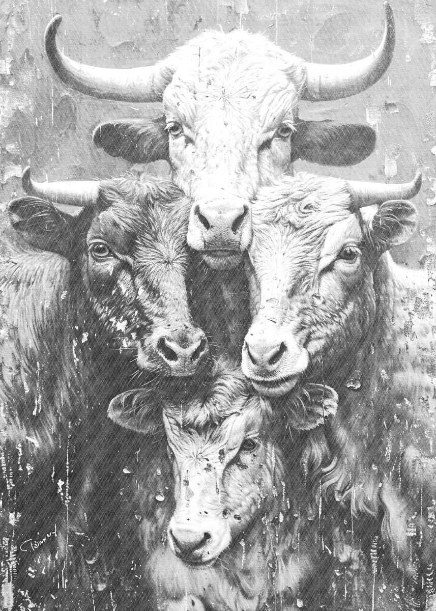 'Four bulls' Poster, picture, metal print, paint by ipart id | Displate