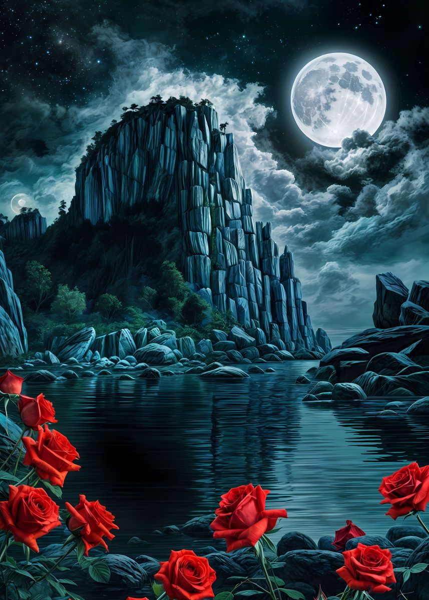 'Red rose in cliff night' Poster, picture, metal print, paint by Ayen ...