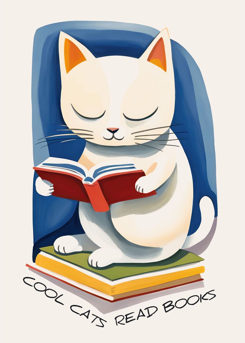 'Cute Reading Cat Poster' Poster, picture, metal print, paint by ...