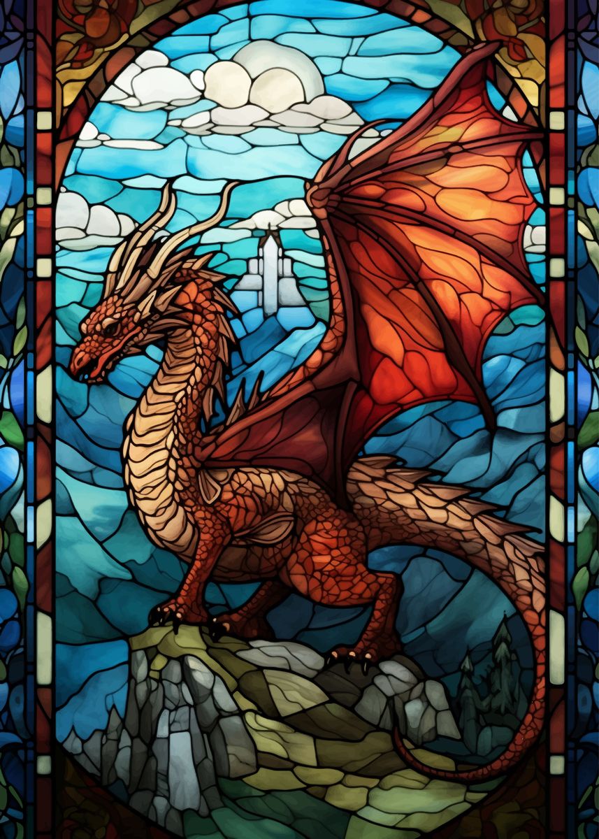 'Red Stained Glass Dragon ' Poster, picture, metal print, paint by ...
