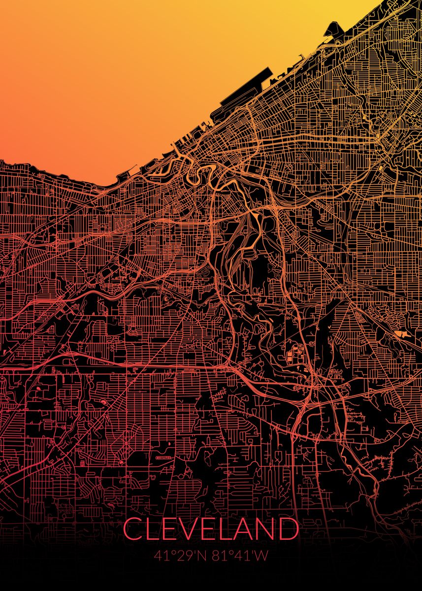 'Cleveland Black Orange Map' Poster, picture, metal print, paint by ...