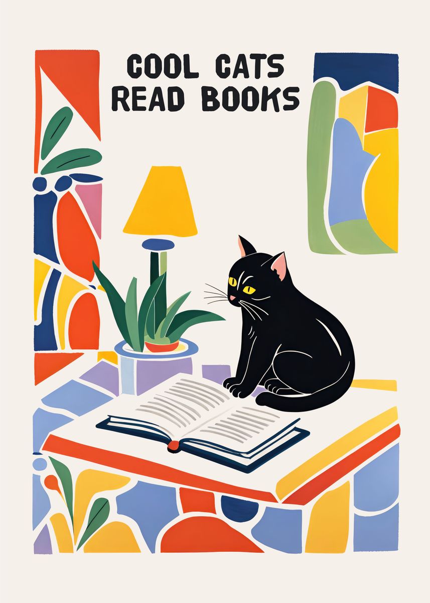 'Cool Cats Read Books Print' Poster, picture, metal print, paint by ...