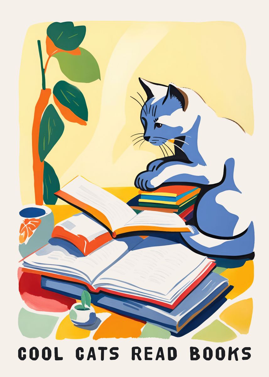 'Cool Cats Read Books Quote' Poster, picture, metal print, paint by ...