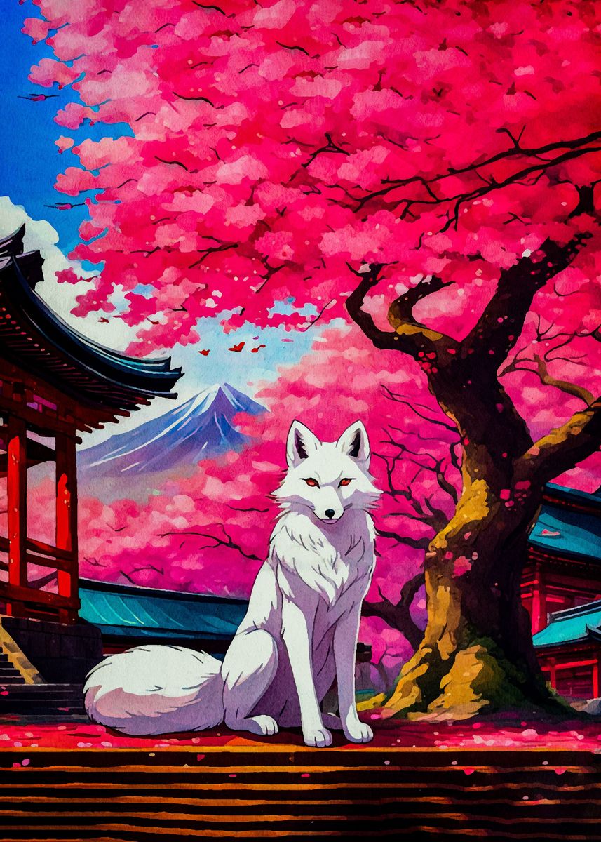 'wolf cherry blossom japan' Poster, picture, metal print, paint by ...