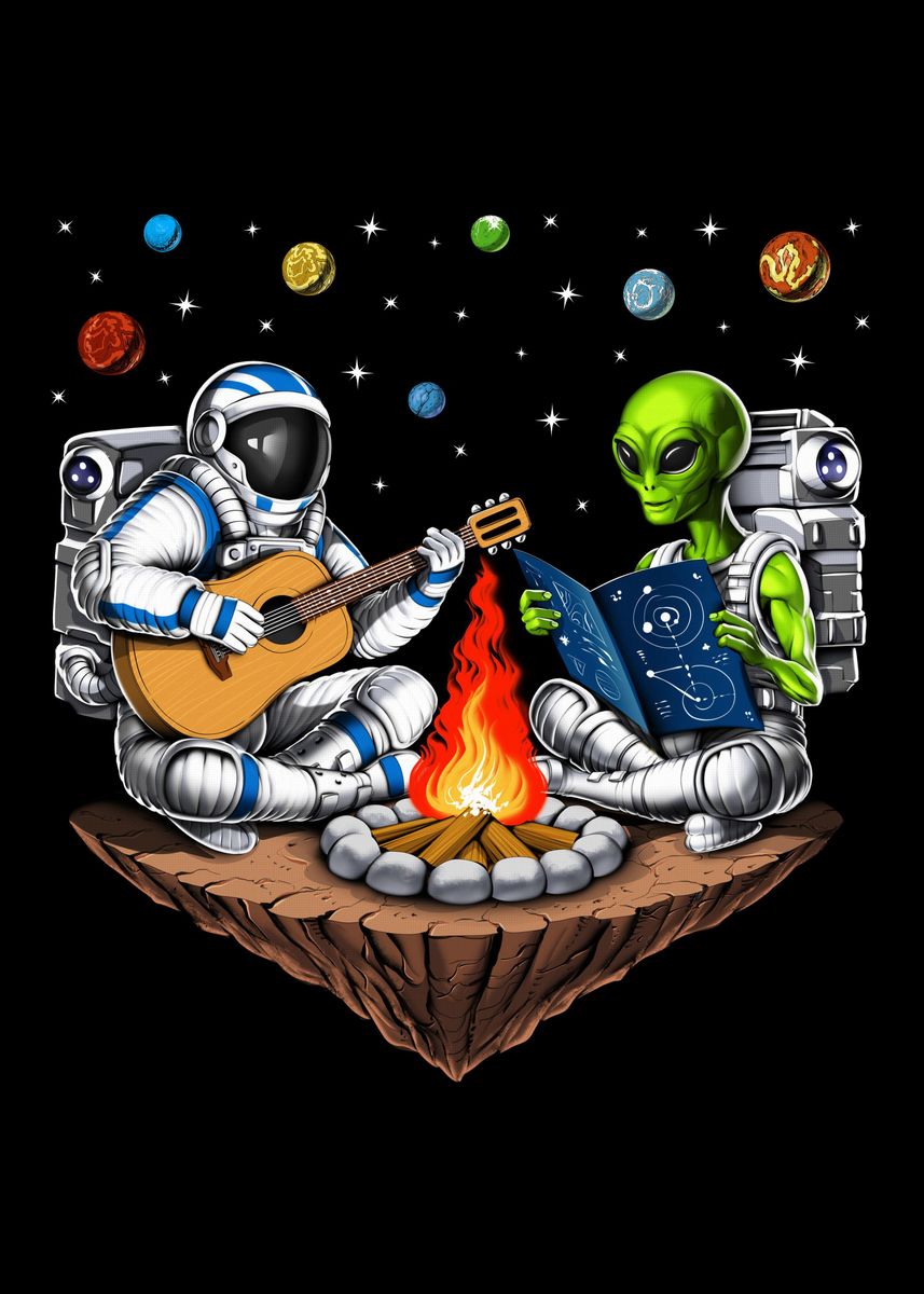 'Camping Astronaut Alien ' Poster, picture, metal print, paint by ...