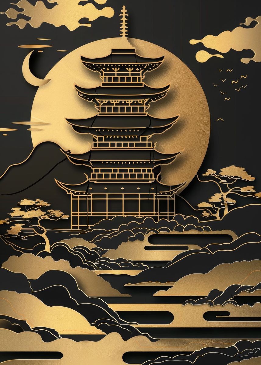 'Gold Temple' Poster, picture, metal print, paint by Kai Tanaka | Displate