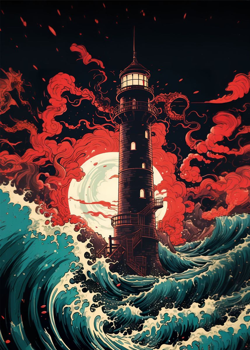 'Lighthouse the great wave ' Poster, picture, metal print, paint by ...