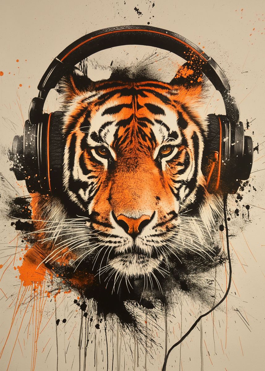 'Banksy Tiger Headphones' Poster, picture, metal print, paint by ...