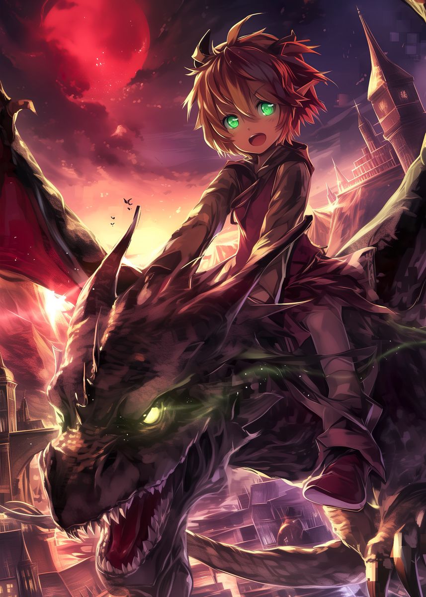 'Anime Boy riding Dragon' Poster, picture, metal print, paint by ...