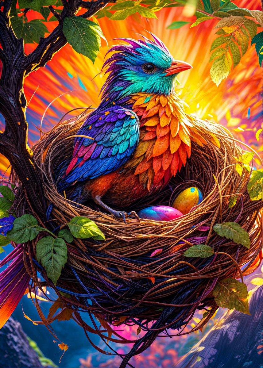 'Colorful bird nest' Poster, picture, metal print, paint by Whez | Displate