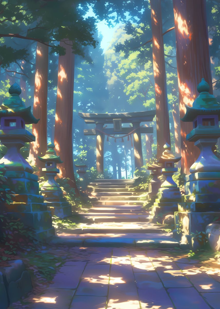 'Sunlit Shrine Path' Poster, picture, metal print, paint by ...
